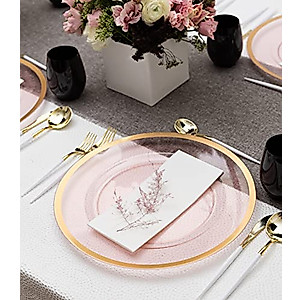PLASTICPRO Plastic Pro 8 Pack Charger Plates 13 Inch Clear Pink with Gold Rim Plastic Dinner Chargers Heavy Duty Large Serving Platter Reusable Disposable