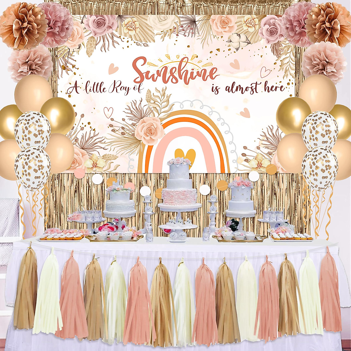 Boho Baby Shower Decorations for Girl A Little Ray of Sunshine Daisy Boho Backdrop Blush Pink Balloons Dusty Rose Paper PomPoms Champagne Fringe Curtain for Boho Rainbow Birthday Baby Shower Decor