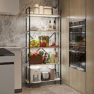 Vlsrka 5 Tier Industrial Bookshelf with 3 LED Lights,Tall Bookshelf Large Etagere Bookshelf Open Display Shelves Wood and Metal Standing Bookshelf Modern Bookcase Storage Shelving Unit for Home Office