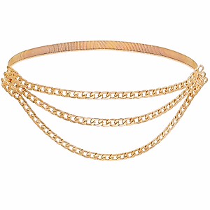 Wovanoo Skinny Stretch Belt Multilayer Metal Elastic Waist Belts Thin Waistband for Women Dress Gold