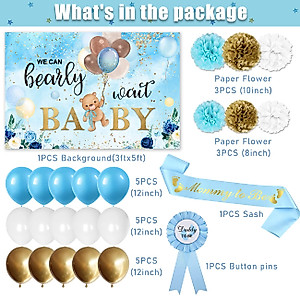 We Can Bearly Wait Baby Shower Decorations,Teddy Bear Baby Shower Decorations for Boy with Backdrop and Plates, Napkins and Cups,Mommy To Be Sash