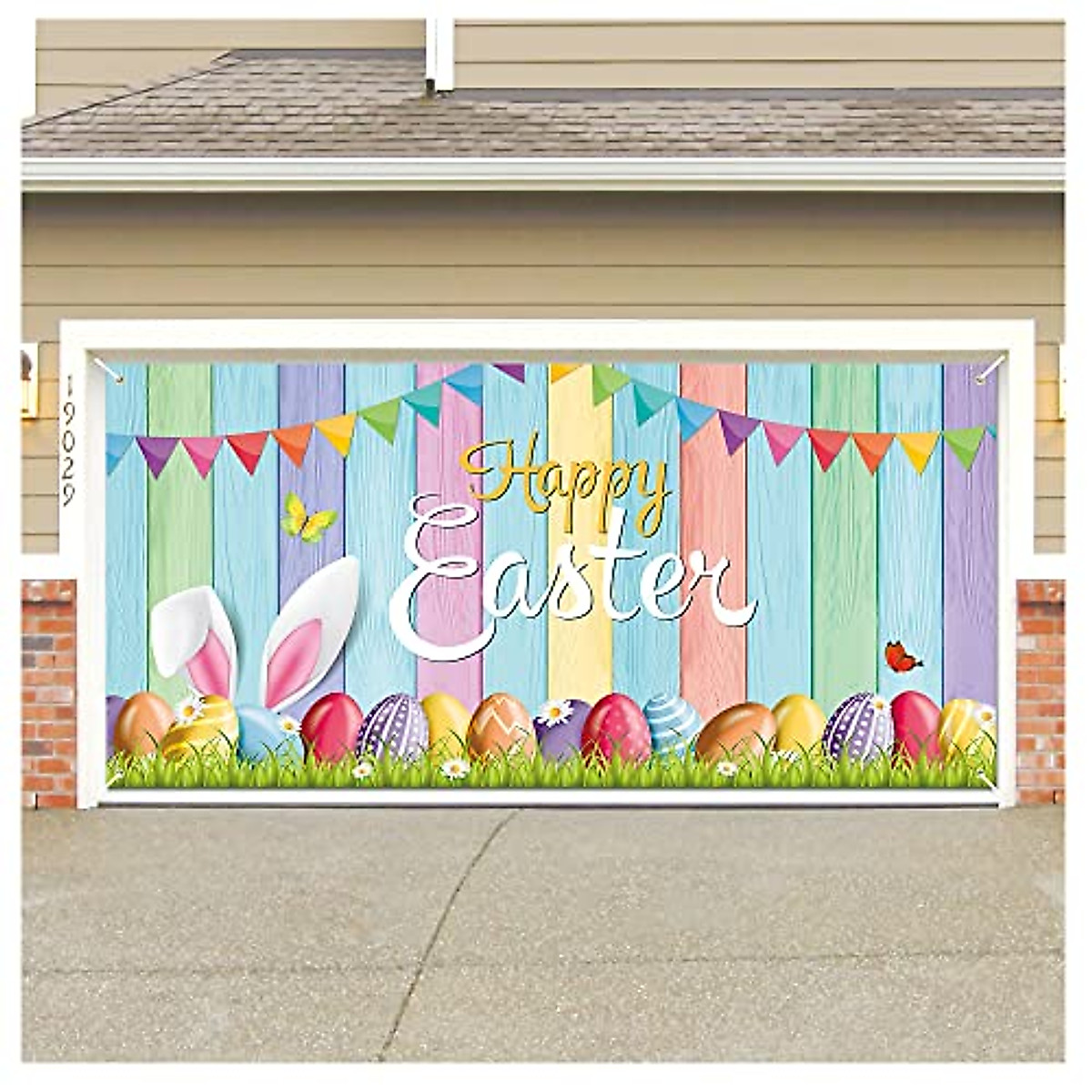 Easter Garage Door Decoration Happy Easter Garage Door Banner Large Easter Bunny Egg Spring Flower Cover Background Decal for Outdoor Indoor Hanging Party Supplies 6 x 13 ft