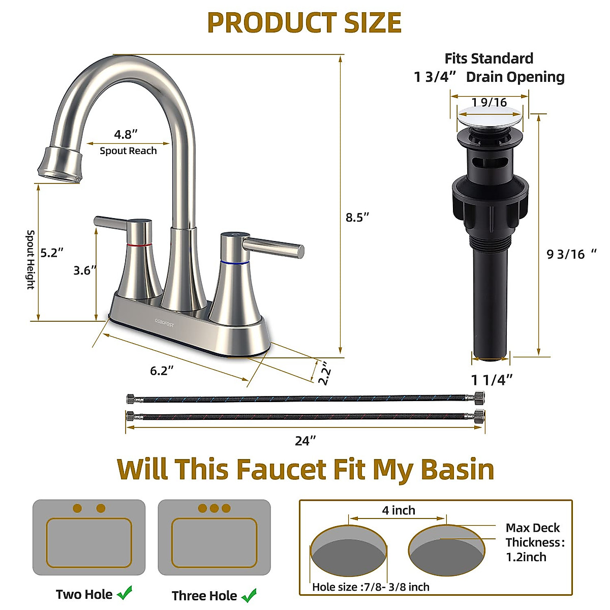 4 inch 2-Handle Centerset Faucets Bathroom Sink Faucet with Pop Up Drain,360 Swivel Spout,Stainless Steel Lead-Free Sink Faucet with 2 Water Supply Lines for Bathroom Sink 2-3 Holes (Brushed Nickel)