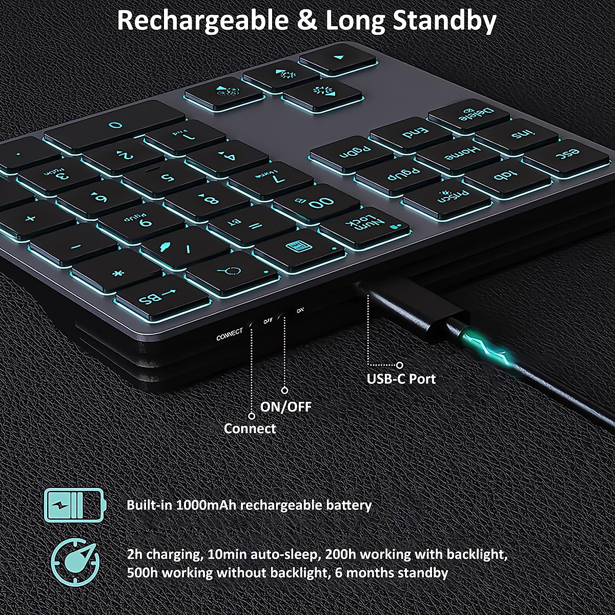 LINKEET Tri-Mode Aluminum Numpad 7-Color LED Backlit, BT5.0/USB/2.4G Wireless Rechargeable Number Pad 35-Key Scissor Switches Light Up Keycaps for PC/Laptop/Win/Mac, Grey Black