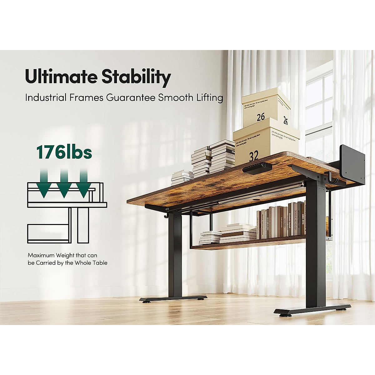 FEZIBO 55" Electric Standing Desk with Shelves, 55 x 24 Inch Sit Stand Rising Desk with Monitor Stand and Storage, Ergonomic Home Office Computer Desk, Rustic