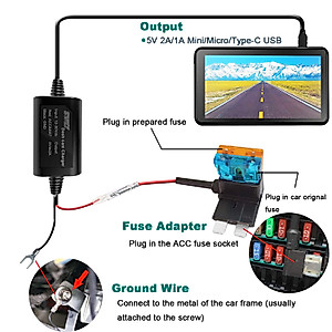 iiwey Dash Cam Hardwire Kit, 4 Meter Dashboard Camera Car Charger Cable Kit 12V- 24V to 5V, Power Adapter with LP/Mini/ATO/Micro2 Fuse for Dash Cam (Mini/Micro)
