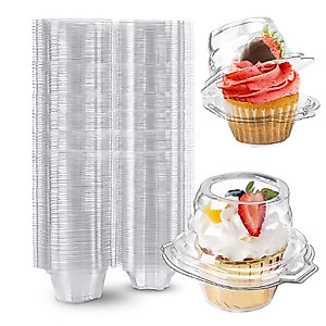 Meanplan Single Cupcake Containers Disposable Individual Cupcake Boxes Plastic Cupcake Holder Stackable Cupcake Carriers Clear Cupcake Domes with Connected Lid for Food Wedding Baby Shower (200 Pcs)