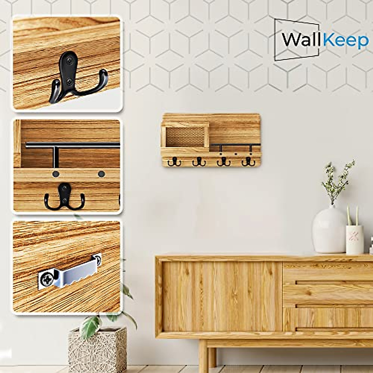 WallKeep Mail and Key Holder for Wall with Decorative Key Hooks - Wall Mount in Entryway, Mudroom or Office. Solid Wood Mail Organizer Floating Shelf Key Rack, Leash Holder and Key Hanger for Wall.