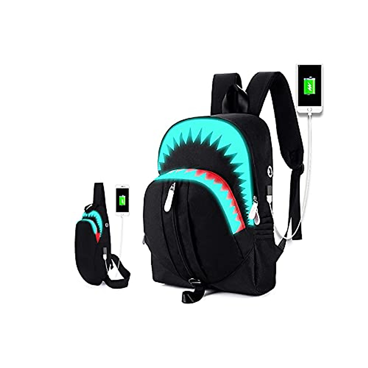COCONONO School Backpack Shark Luminous Laptops Backpack with USB Charging Port, Water Resistant Unisex Daypack Travel Rucksack Black
