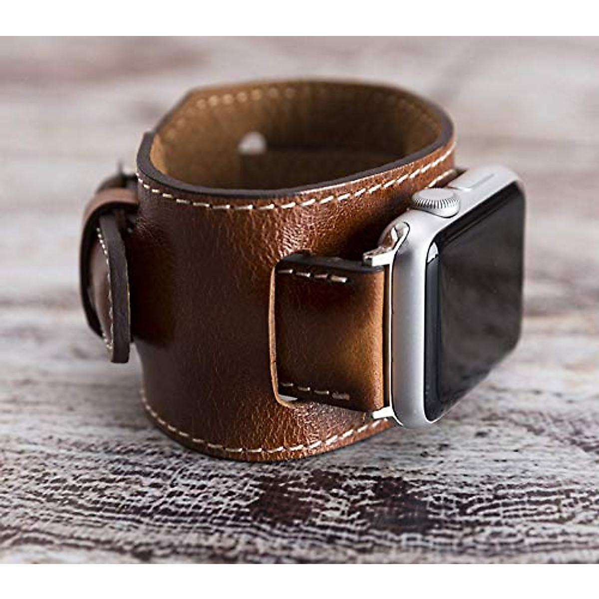 VENOULT iWatch Series 8 Compatible Apple Watch Cuff Bands for Man or Women 45mm, 44mm, 41mm, 40mm, Series 8-1 Dark Brown Genuine Leather Bull Strap, HANDMADE