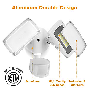 LUTEC 38W 3500 Lumen LED Motion Activated Integrated Dual-Head Floodlight Outdoor with Motion Sensor, 5000K Daylight, Dusk to Dawn, Exterior Security Wall Light for Patio, Garden, Yard(White)
