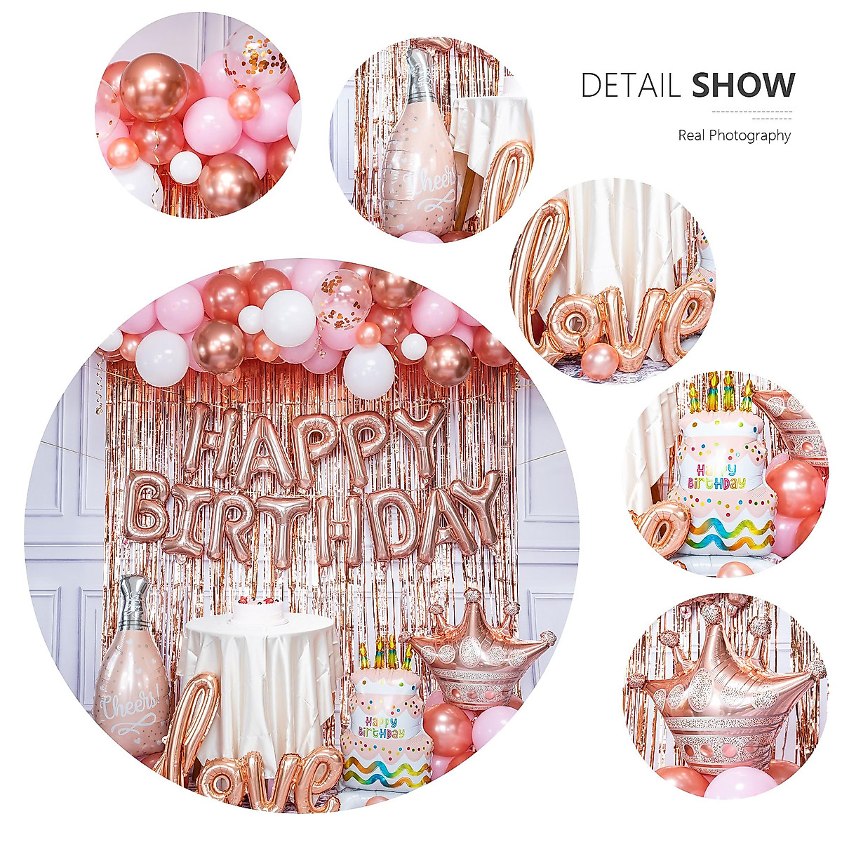 SANERYI Rose Gold Birthday Decorations for Women Happy Pink Balloon Arch Garland Kit Girl Princess Party Supplies Banner Curtains Backdrop Decor