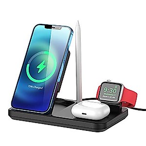 Wireless Charger, 4 in 1 Charging Station Compatible with Magsafe Charger iPhone 12, Apple Watch Series 6, Apple Pen Charger, Airpods Wireless Charger (Black)