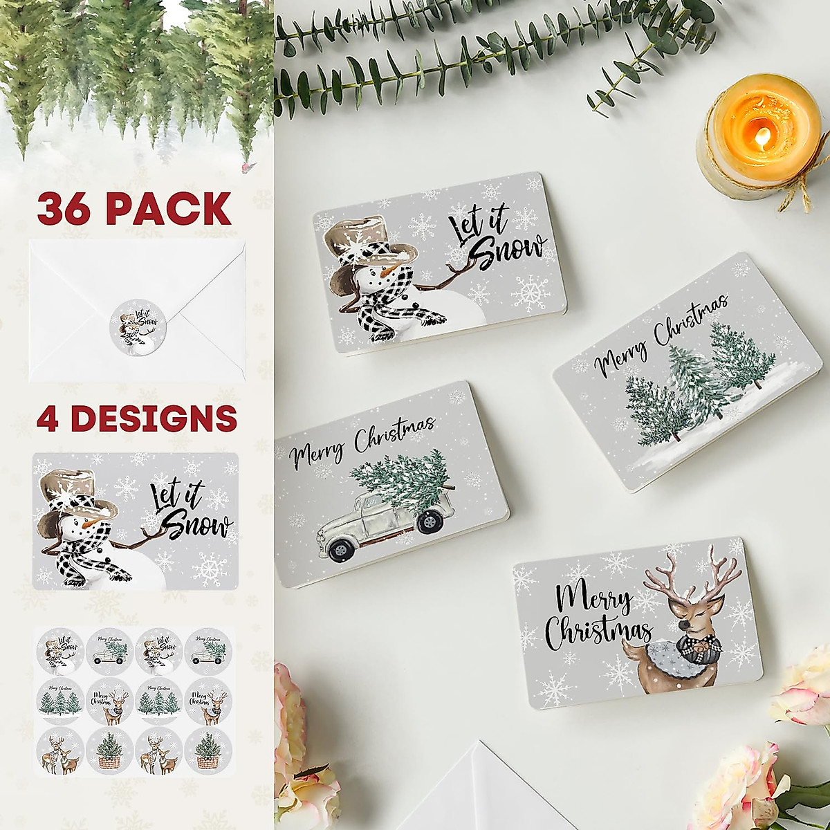Artoid Mode 36 Pack Merry Christmas Thank You Cards Deer Snowman Truck Xmas Tree Greeting Cards Gift With Envelope Sticker Blank Note Cards for Birthday Wedding Baby Shower Bridal Shower, 4 x 6 Inch