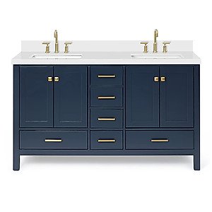 ARIEL Double Bathroom Vanity 61" Midnight Blue, 1.5" Edge Pure White Quartz Countertop & Splash, Rectangular Sinks, 4 Soft Closing Doors, 6 Full Extension Dovetail Drawers, Satin Brass
