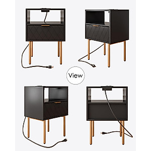 Aobafuir Nightstand with Charging Station, Drawer Dresser for Bedroom, Small Side Table with Drawer, Night Stand, End Table with Gold Frame for Bedroom, Living Room, Diamond Black