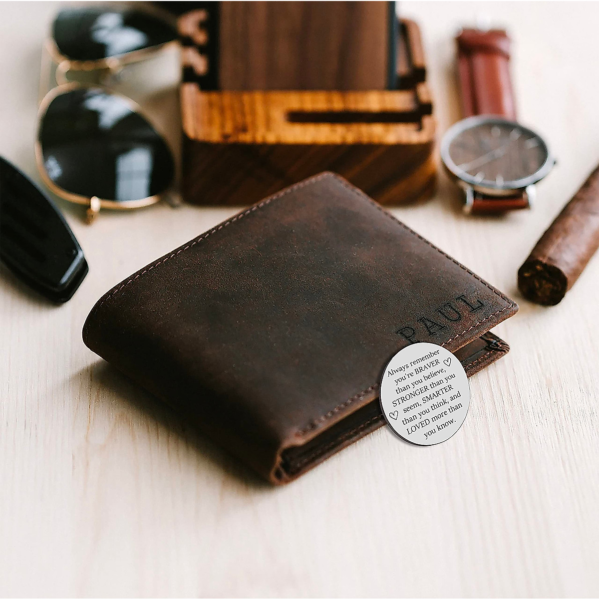 LRUIOMVE Always Remember You are Braver Than You Believe, Pocket Hug Token with Leather Keychain, Stainless Steel Double Sided Coin Long Distance Relationship Keepsake Gift