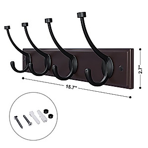 SONGMICS Wooden Wall Mounted Coat Rack 16 Inch Rail with 4 Metal Hooks for Entryway Bathroom Closet Room Dark Brown