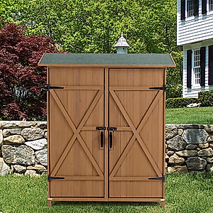 Outdoor Wooden Storage Shed with Lockable Door & Detachable Shelves, Pitch Roof, 56" L x 19.5" W x 64" H, Yellow Brown Finish, Weatherproof Garden Storage Solution