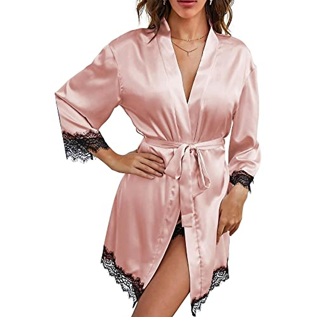 Ciana Women' Silk Satin Pajamas Set 4pcs Lingerie Floral Lace Cami Sleepwear with Robe (Rose, Large)