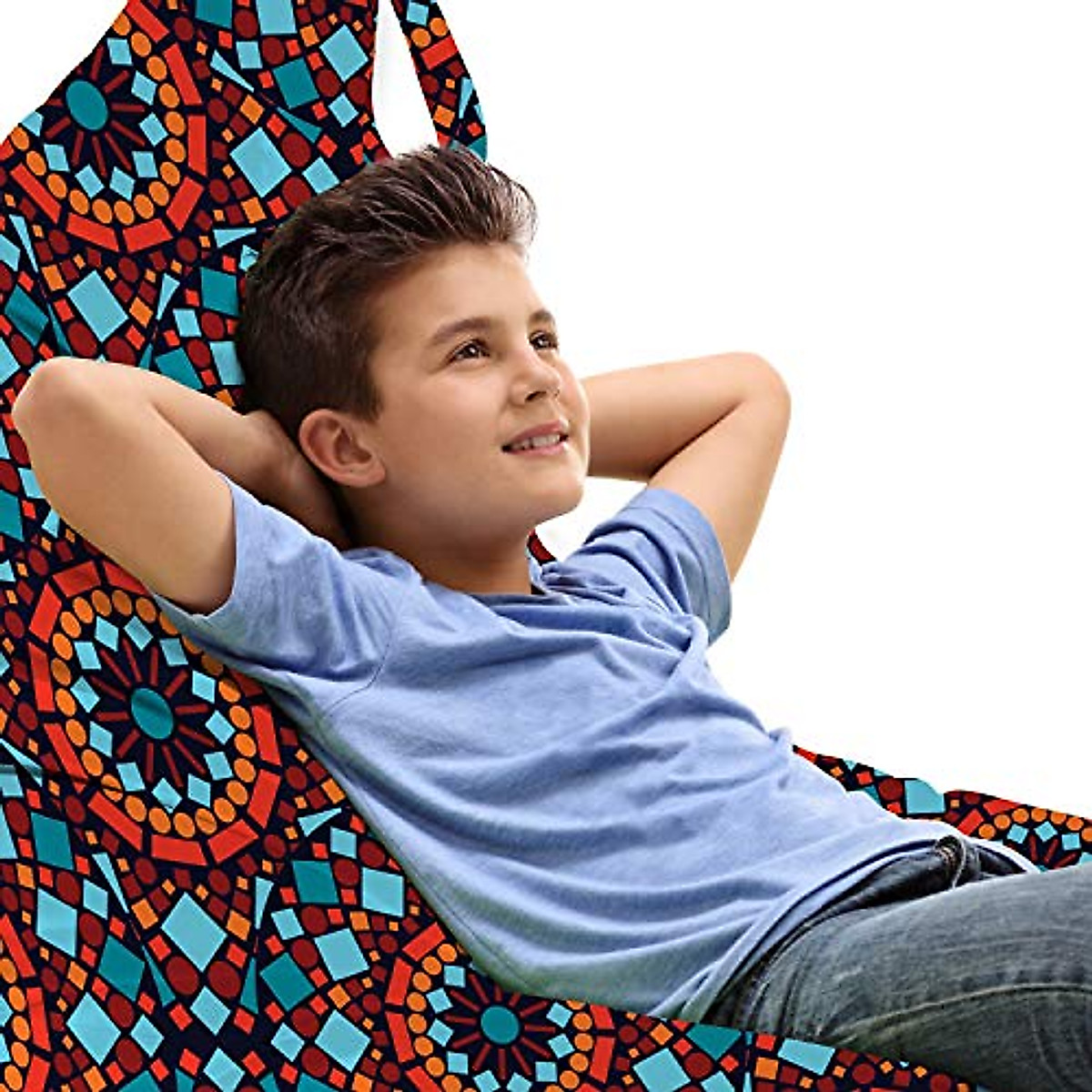 Ambesonne Orange Mandala Lounger Chair Bag, Mosaic Inspired Pattern of Geometric Forms Ethnic Folk Art, High Capacity Storage with Handle Container, Lounger Size, Indigo Burgundy and Aqua