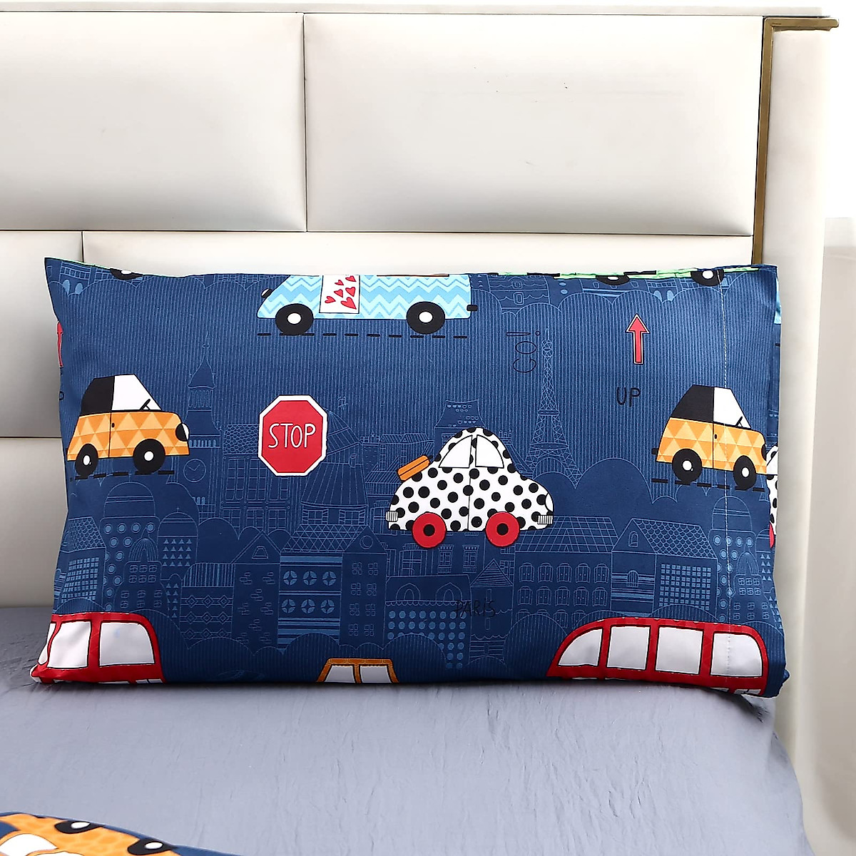 MAG 3Pcs Cartoon Car Bedding Comforter Set, Blue Cute Base Twin Comforter Set,for Toddlers Kids,Boys Teens and Girls,Super Soft Microfiber, Twin Size