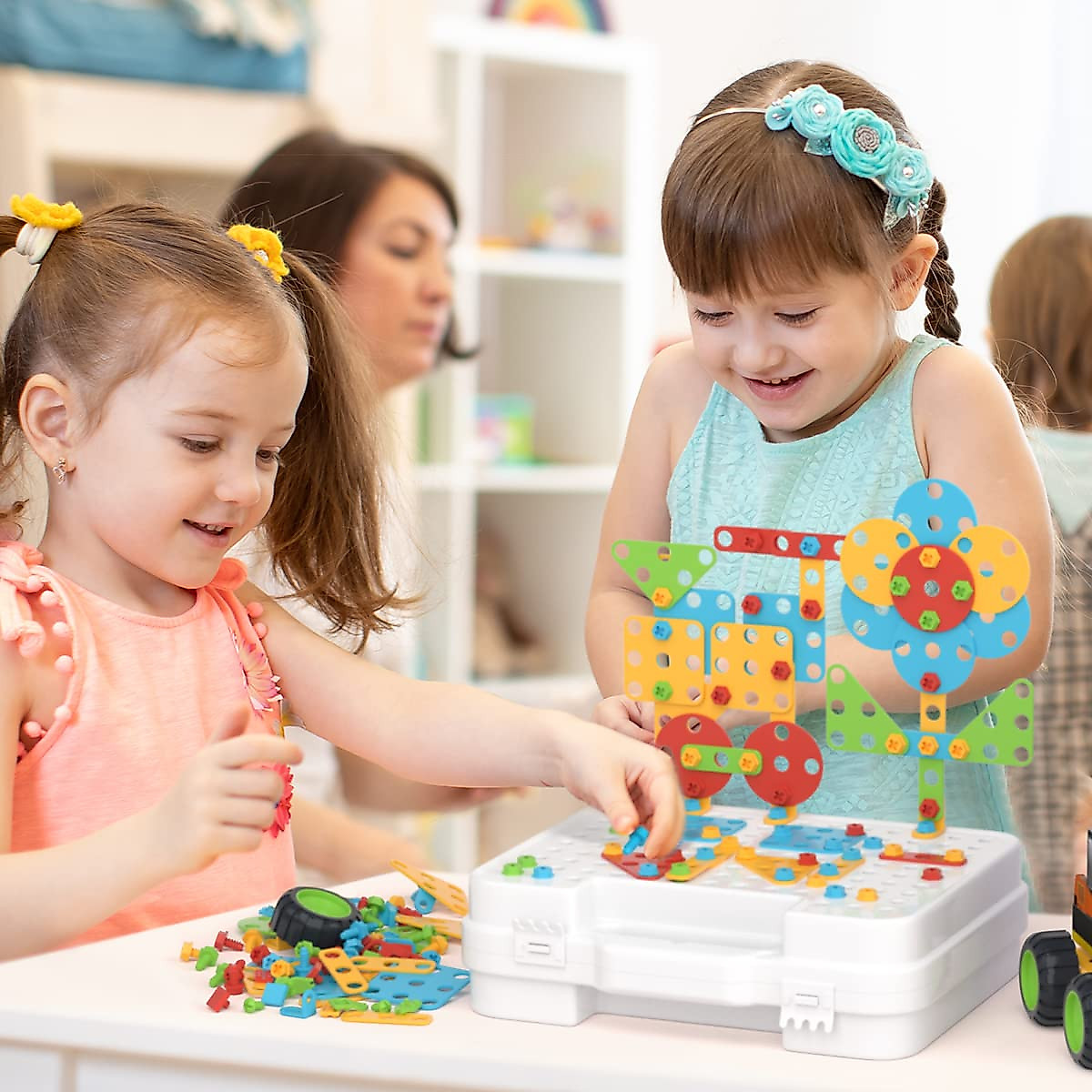 290PCS Building Toys, 3D STEM Learning Toys with Electric Creative Mosaic Drill Toys Set Building Blocks, DIY Educational Construction Engineering Screwdriver Tool Set Gift for Kids Boys Girls Aged 3+