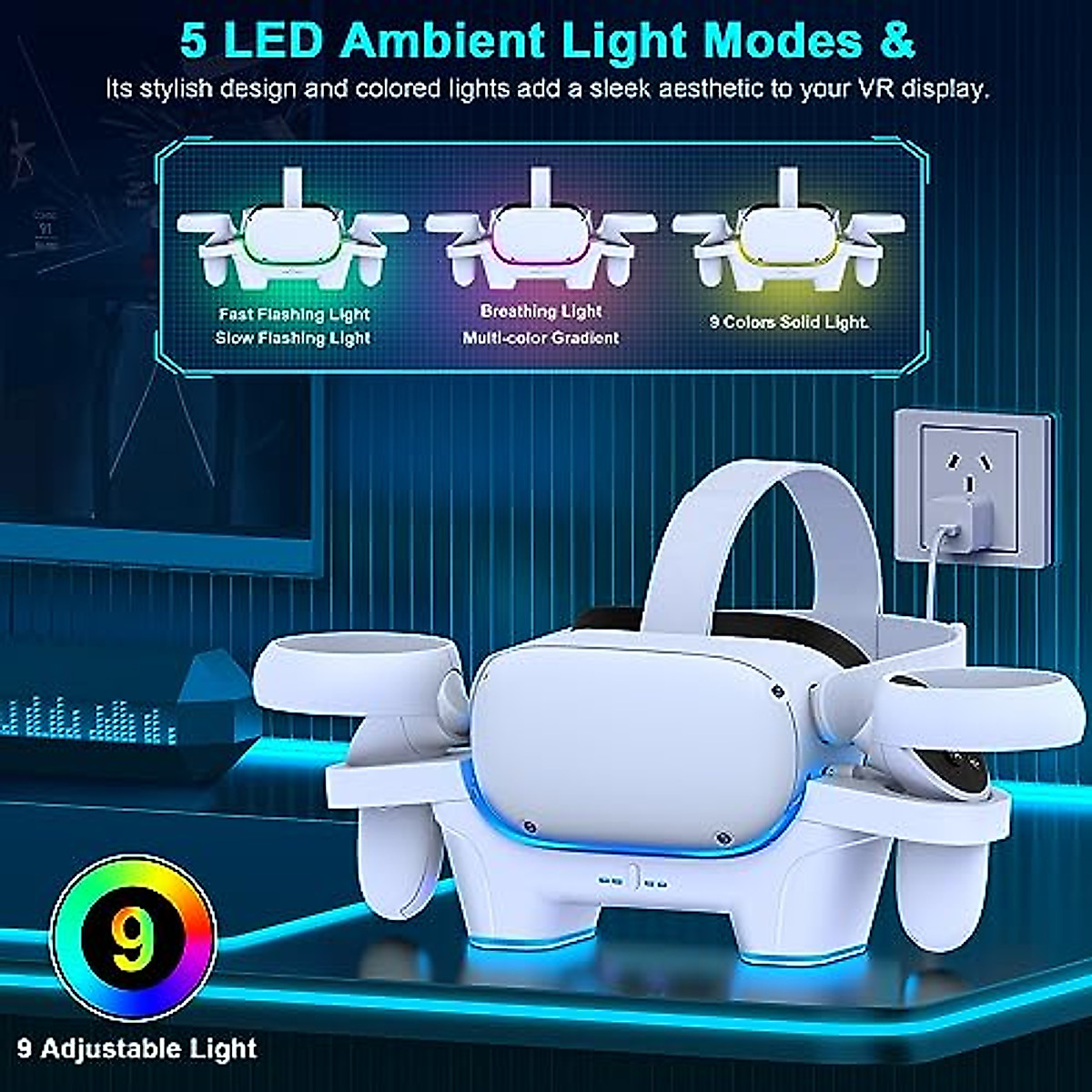 VR Charger Station Compatible with Oculus/meta Quest 2, RGB Light Fast Charging Dock Replacement for Oculus/Meta Quest 2,Headset Display Stand and Controller Mount with 2 Rechargeable Batteries