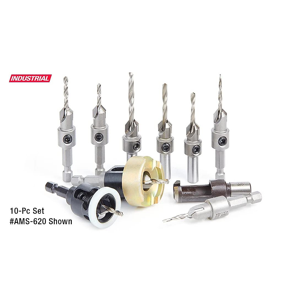 Amana Tool AMS-628 6-Pc Carbide Tipped Countersink with Adjustable Depth Stop and No-Thrust No Marring Ball Bearing Set with Quick Release Shank and Replacement HSS Drills