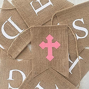 Uniwish God Bless Banner Baptism Decorations for Girls, Vintage Rustic Burlap Bunting Garland Christening Communion Party Supplies with Pink Cross