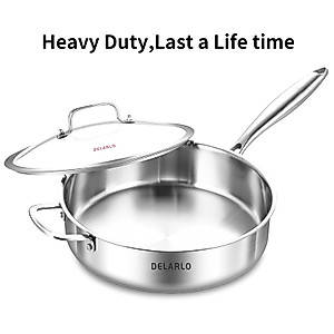DELARLO Tri-Ply Stainless Steel Saute Pan With Lid 5.5QT,12.3Inch Deep Frying pan,Induction Large Skillet,Jumbo Cooker,Efficent Fast Even Heating Cooking Pan Dishwasher and Oven Safe