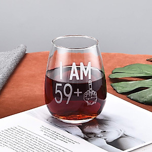 Wine Glass 59 + One Middle Finger 60th Birthday Gift for Men Women Funny Stemless Wine Glass Unique Gifts for Friend Wine Lover Turning 60 Perfect Party Decoration Big Capacity Better Sober Up 15Oz