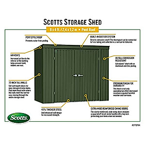 Scotts 8' x 4' Garden Storage Shed Outdoor Lockable Water-Resistant Steel Building with Tool Hanger and Pent Roof, Green