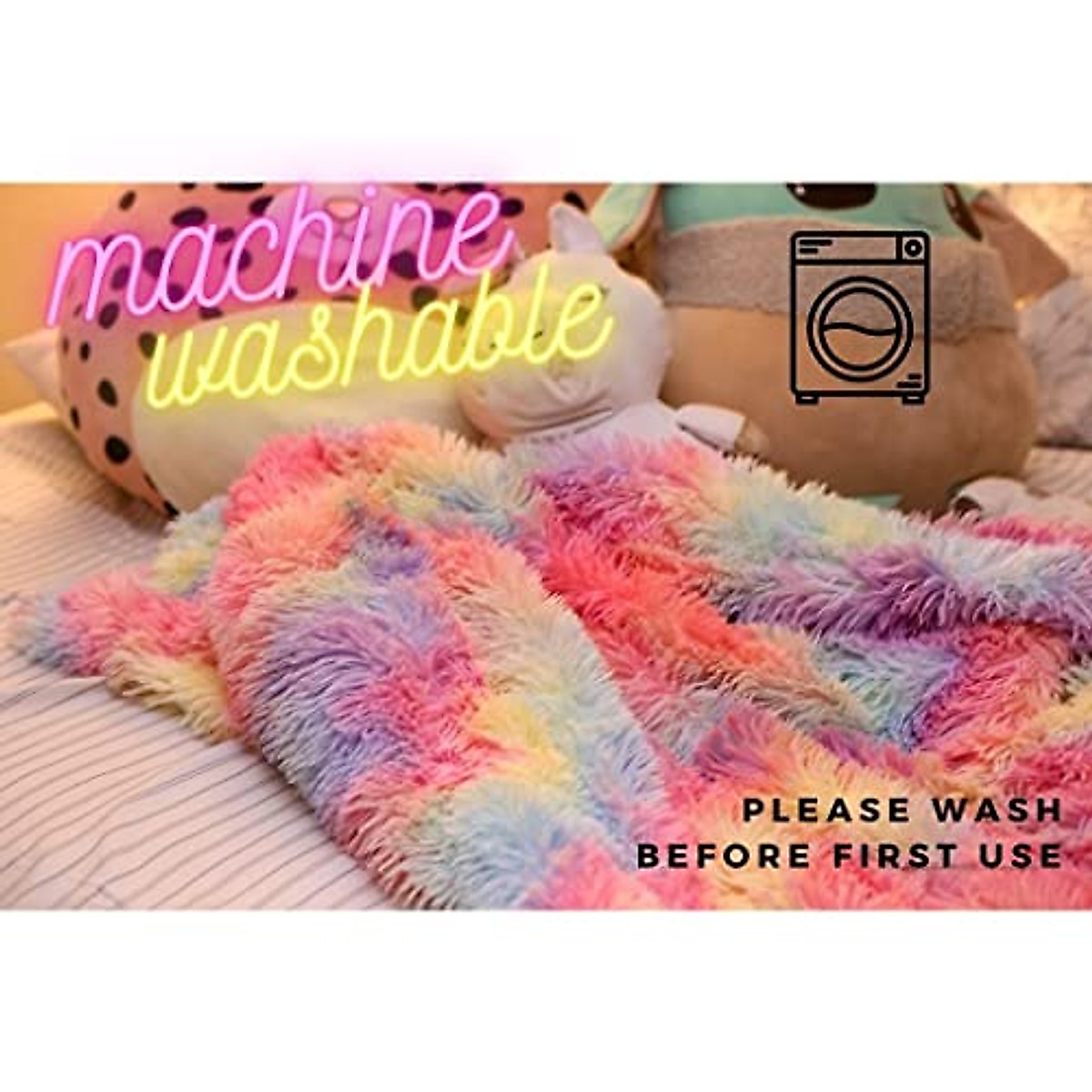 Rainbow Tie-Dye Extra Soft Fuzzy Faux Fur Throw Blanket 50" x 60",Solid Reversible Lightweight Long Hair Shaggy Blanket,Fluffy Cozy Plush Comfy Microfiber Fleece Blankets for Couch Sofa Bedroom