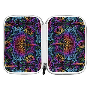 Indian Mandala Dragonfly Sun Flower Blue Pink Gradient on Black Pencil Bag Case Zipper Pencil Holder Organizer Stationary Pen Bag Cosmetic Makeup Bag Pouch Purse for School Office Supplies