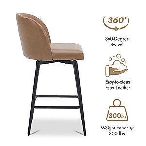 Watson & Whitely Counter Height Bar Stools Set of 3, 360° Swivel Upholstered Barstools with Backs and Metal Legs, 26" H Seat Height, Faux Leather in Saddle Brown