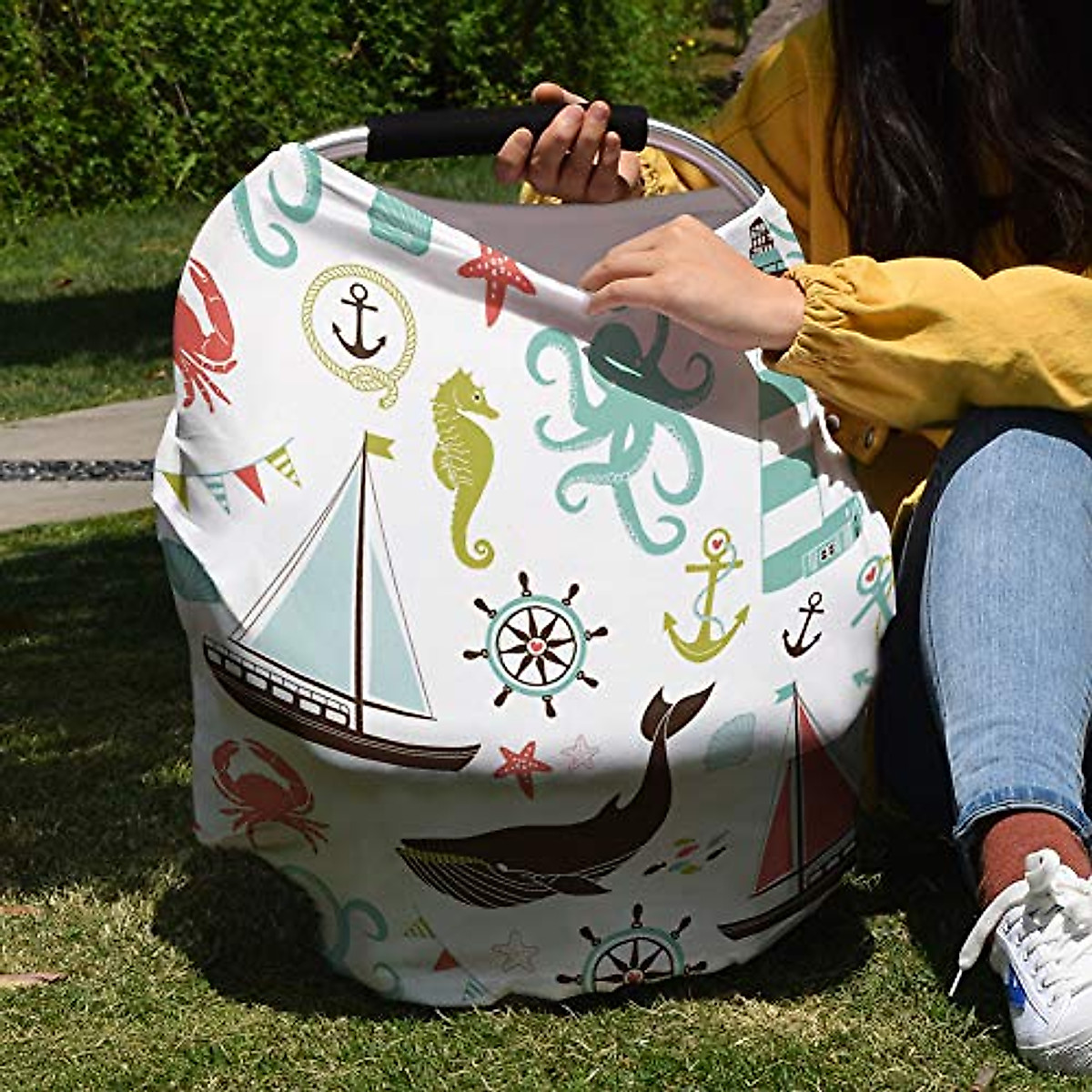 Nautical Ultra-Soft Baby Car Seat Cover for Spring Autumn Winter, Windproof Shopping Cart Covers, Breastfeeding Scarf High Chair Covers - Cute Marine Life Sailing Houselight
