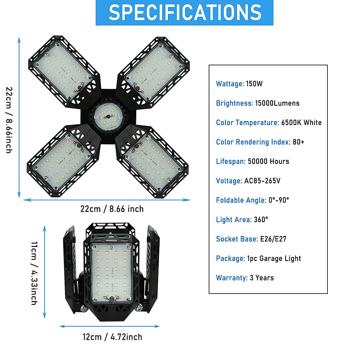 QiyuanLS LED Garage Light,150W Deformable LED Garage Ceiling Lights,15000LM Garage Lights with 4 Adjustable Panels, E26/E27 LED Shop Lights for Garage, Basement, Barn, Workshop,High Bay Light