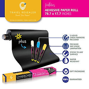 Travel Revealer Chalkboard Contact Paper Self Adhesive Dry Erase Contact Paper Roll +3 Liquid Chalk Markers 17.7x78.7 Wallpaper Stick & Peel Removable Contact Paper Blackboard Vinyl Black Stickers