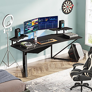 Tribesigns Computer Desk, 70.9" Large Home Office Desk with Monitor Stand, Modern Wing-Shaped Gaming Studio Desk Study Table Workstation for Live, Streamer, Black