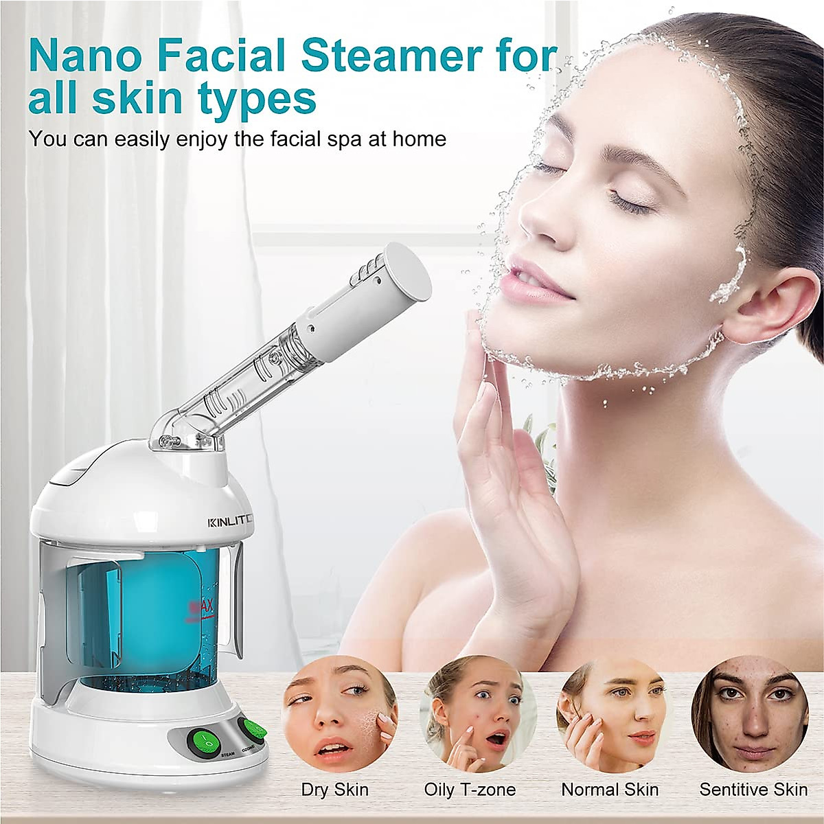 KINLITO Facial Steamer - Ozone Steamer with 360° Rotatable Arm - 40 Min Steam Time - Humidifier - Unclogs Pores - Blackheads - Portable Facial Steamer for Personal Care Use at Home or Salon,White