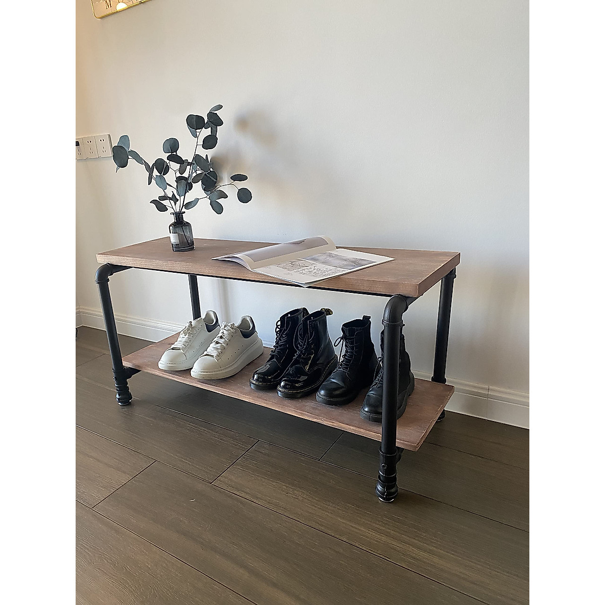 MEYRUOXI Entryway Bench, Shoe Bench with Solid Wood Planks and Industrial Metal Pipes, Shoe Rack Bench Seat for Entryway Hallway Living Room, Indoor Rustic Seat, 41 Inch