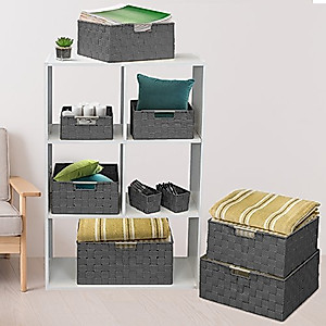 Sorbus Storage Box Woven Basket Bin Container Tote Cube Organizer Set Stackable Storage Basket Woven Strap Shelf Organizer Built-In Carry Handles (Gray)
