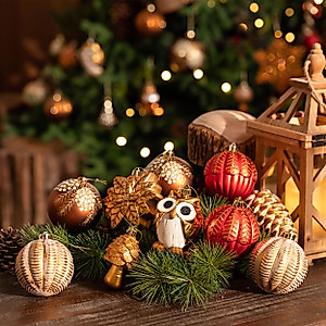 Valery Madelyn Christmas Tree Ornaments Set, 80ct Red and Brown Shatterproof Christmas Tree Decorations Bulk, Woodland Hanging Ball Ornaments for Xmas Trees Holiday Decor