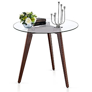 ivinta Round Glass Dining Table, Modern Leisure Table with Wood Legs for Kitchen Dining Room Living Room, Accent Table Small Tea Table for 2, Space Saving, 31.5 inch (Dark Brown)