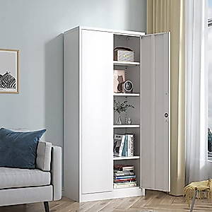 IKIMI Metal Storage Cabinet with Doors and Adjustable Shelves Steel Locking Tall Cabinet Utility Locker Tool Cabinets for Home Office Garage Gym Shop