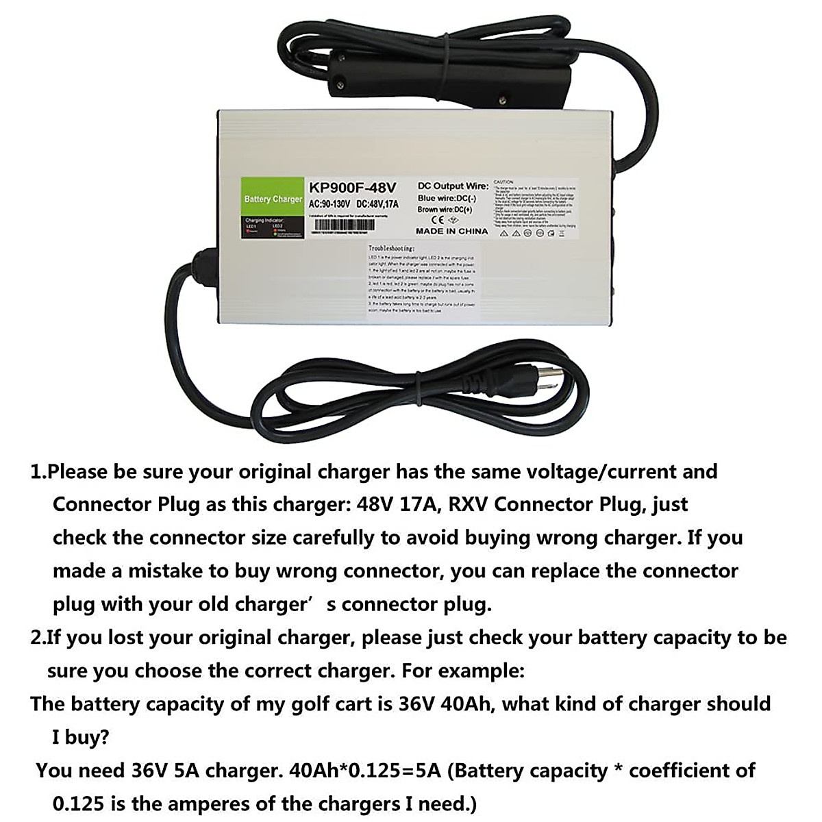 aunstarwei 48V 17A RXV Golf Cart Battery Charger for Ez-Go EZgo TXT with RXV Plug 3 Prong Connector