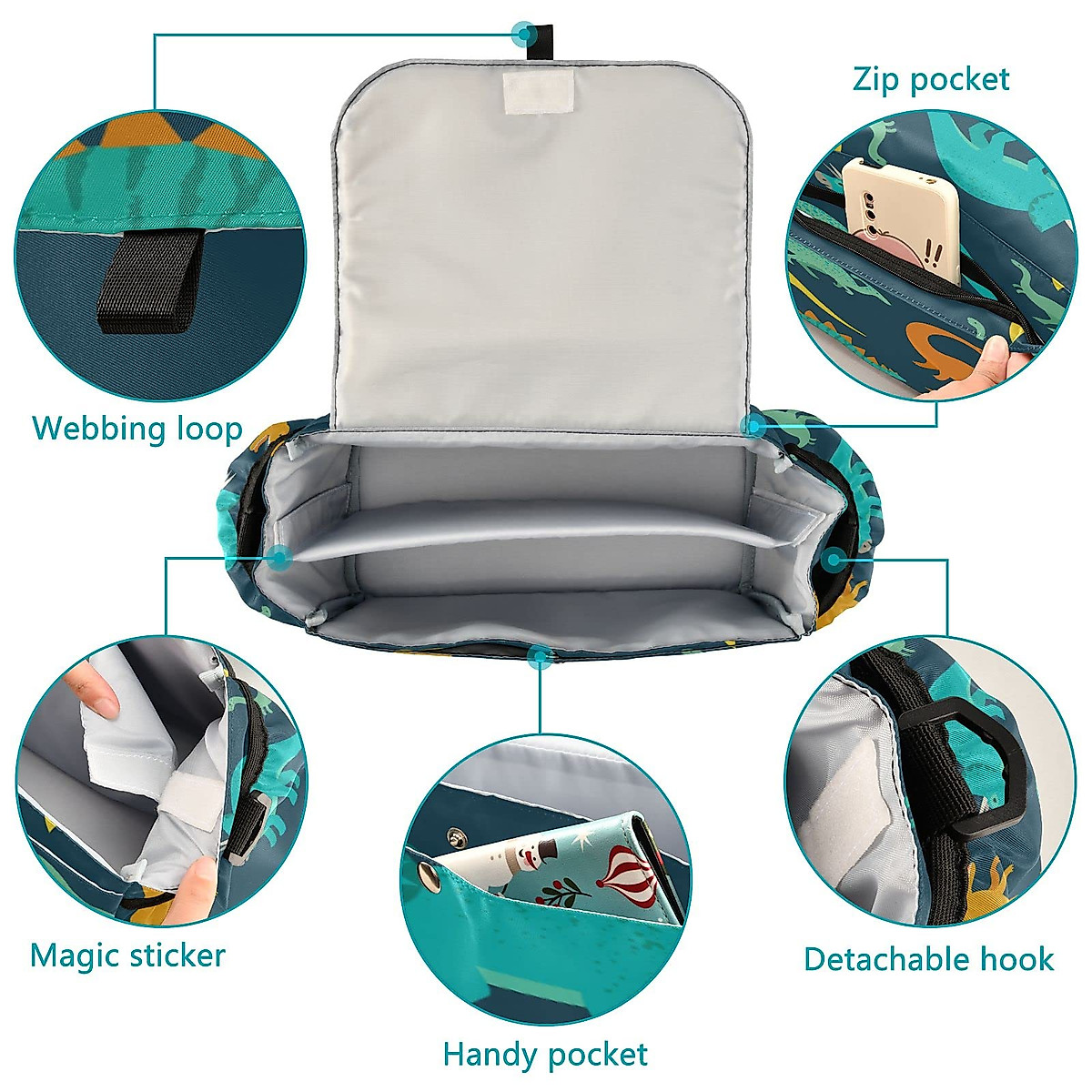 Blueangle Dinosaurs Pattern Stroller Organizer, 2 Cup Holders & Detachable Bag with Shoulder Strap Stroller Bag for Bottle, Diaper, Phone, Toys, Baby Items（370）