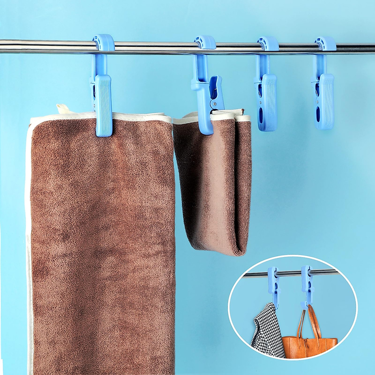 8PCS Plastic Clips for Hanging,Heavy Duty Hanger Clips with Bag,Large Swivel Clothes Pins with Hooks for Bathroom Wardrobe,Strong Laundry Hooks with Clips for Socks Boot Bras Towels（Blue）