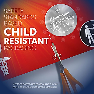 Panasonic CR2025 3.0 Volt Long Lasting Lithium Coin Cell Batteries in Child Resistant, Standards Based Packaging, 4-Battery Pack